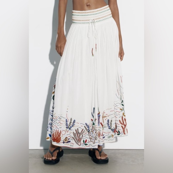 Zara | Skirts | Zara White Embroidered Long Skirt | Poshmark
